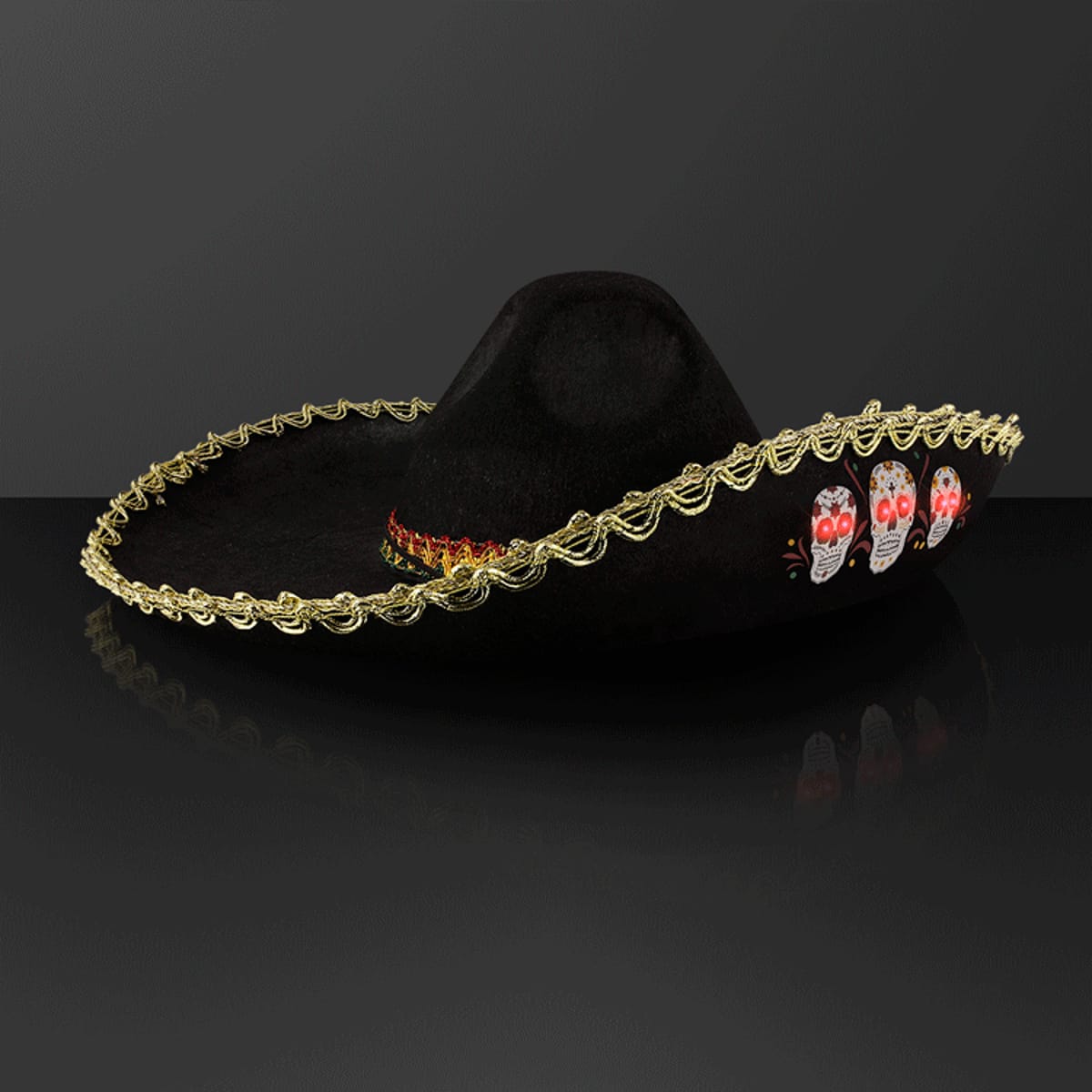 Black Light Up Oversize Sombrero Skull Hat Costume With Gold Brim ...