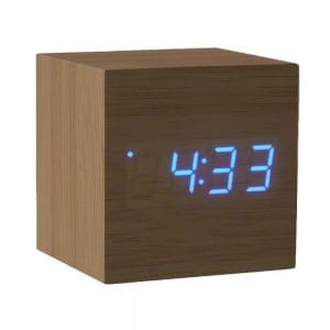 Flashing Blue LED Wooden Cube Digital Alarm Clock with USB