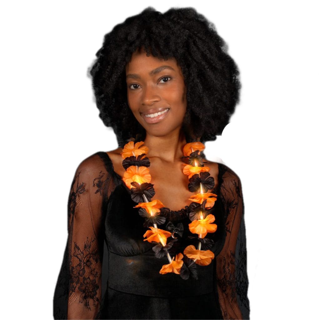 Light Up Halloween Hawaiian Flower Lei Black Orange