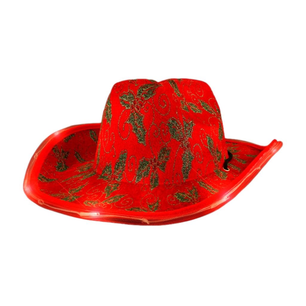 Light Up Holly Leaves and Glitz Red Christmas Cowboy Hat